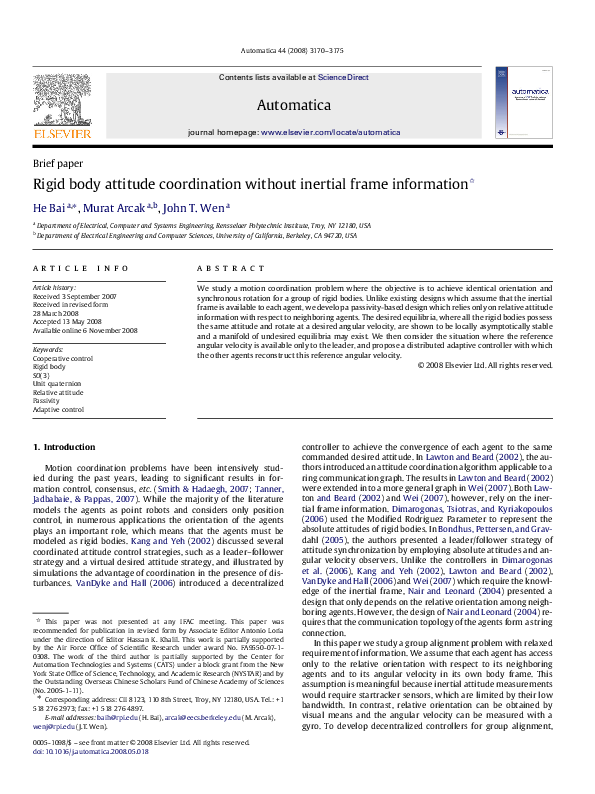 (PDF) Rigid body attitude coordination without inertial frame information