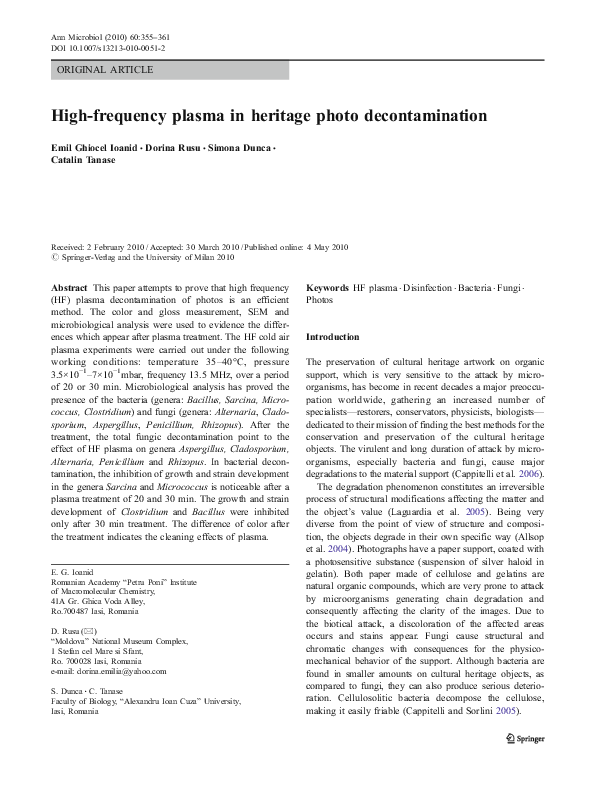 (PDF) High-frequency plasma in heritage photo decontamination