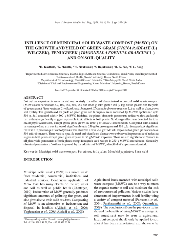 (PDF) Influence of municipal solid waste compost (MSWC) on the growth and yield of green gram ...