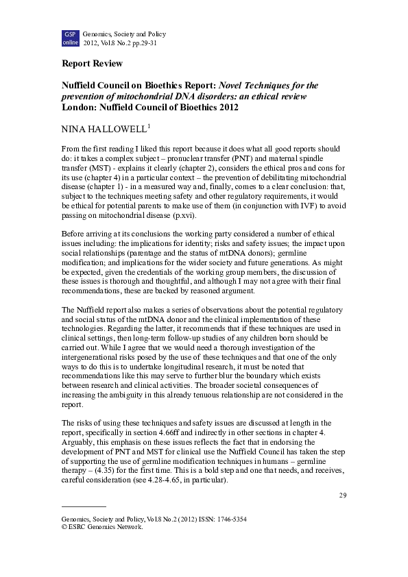 (PDF) Nuffield Council on Bioethics Report: Novel Techniques for the ...