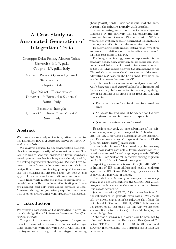 A Case Study on Automated Generation of Integration Tests