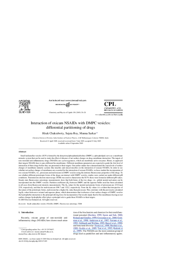(PDF) Interaction of oxicam NSAIDs with DMPC vesicles: differential ...