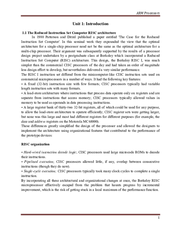 (PDF) ARM Processors Unit 1: Introduction