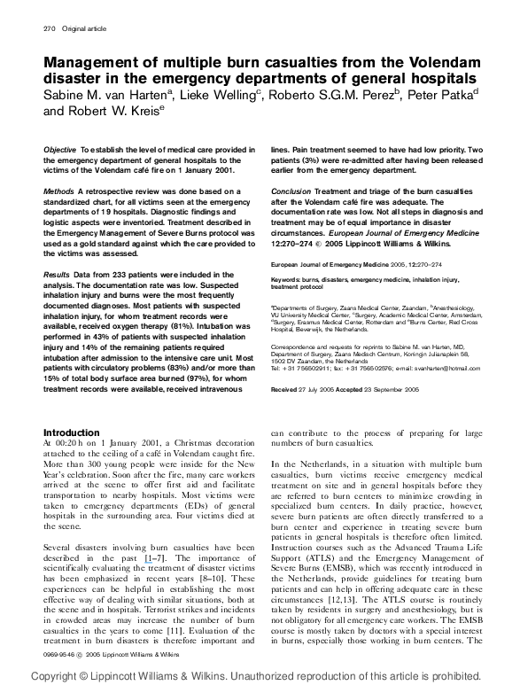 (PDF) Management of multiple burn casualties from the Volendam disaster in the emergency ...