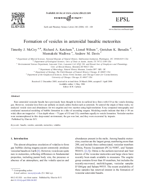 (PDF) Formation of vesicles in asteroidal basaltic meteorites