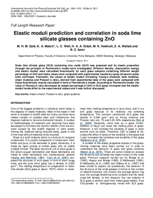 Pdf Elastic Moduli Prediction And Correlation In Sio2 Based Glasses