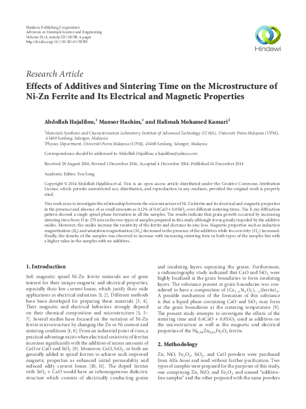 (PDF) Effects of Additives and Sintering Time on the Microstructure of Ni-Zn Ferrite and Its ...