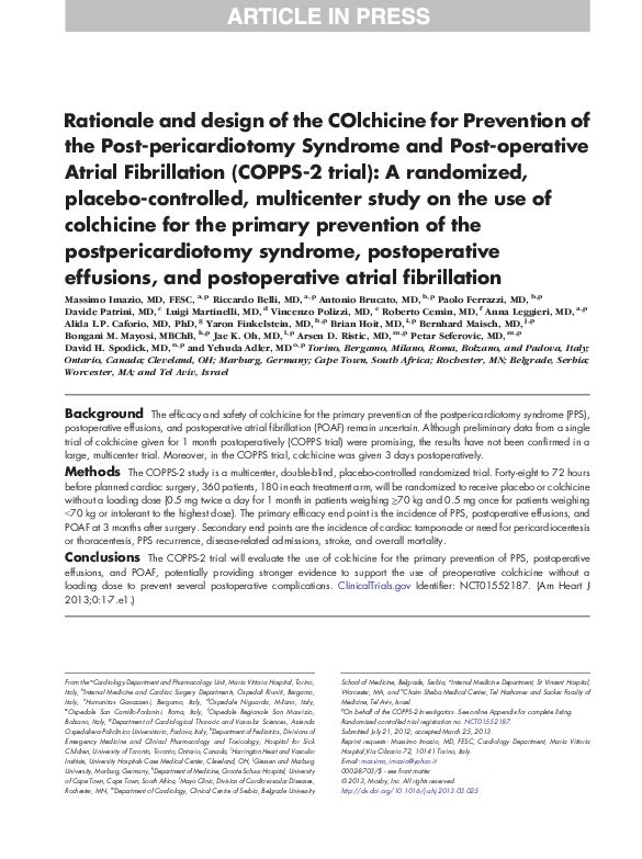 (PDF) Rationale and design of the COlchicine for Prevention of the Post-pericardiotomy Syndrome ...