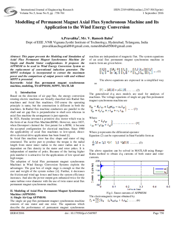 (PDF) Modelling of Permanent Magnet Axial Flux Synchronous Machine and Its Application to the ...