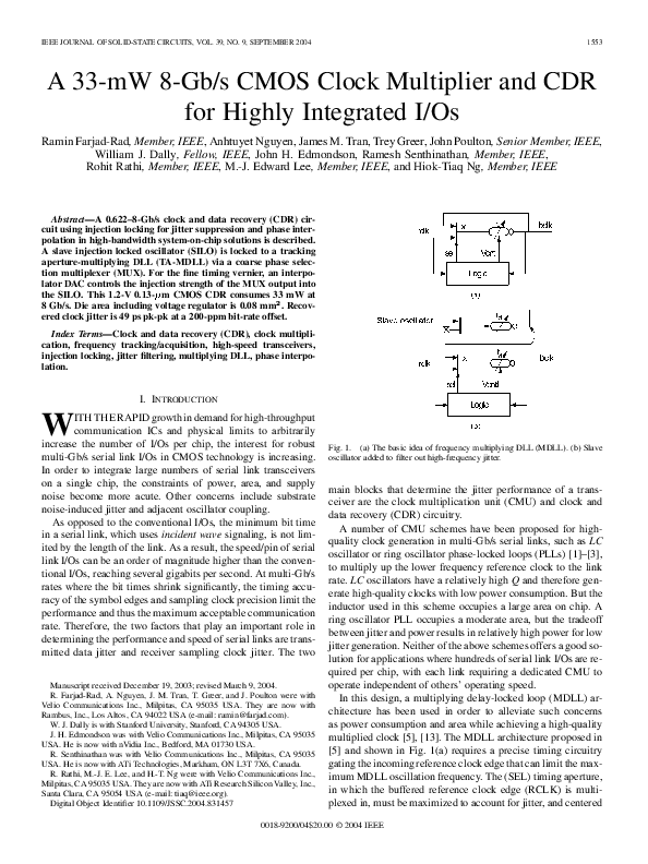 (PDF) A 33mW 8Gb/s CMOS clock multiplier and CDR for highly integrated I/Os