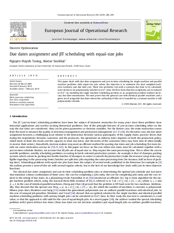Pdf Due Dates Assignment And Jit Scheduling With Equal Size Jobs