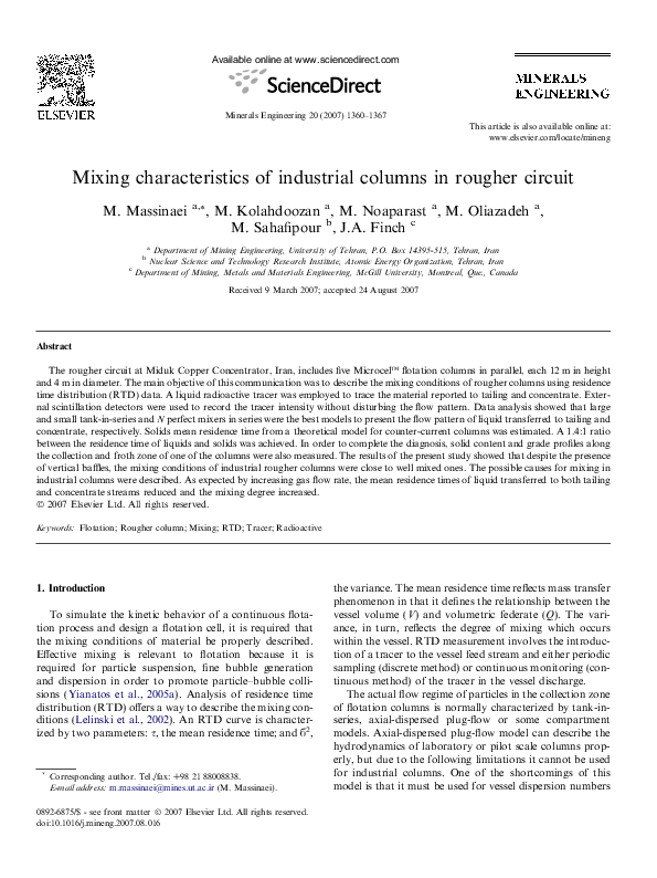 (PDF) Mixing characteristics of industrial columns in rougher circuit