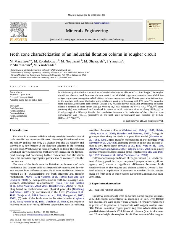 Pdf Froth Zone Characterization Of An Industrial Flotation Column In Rougher Circuit