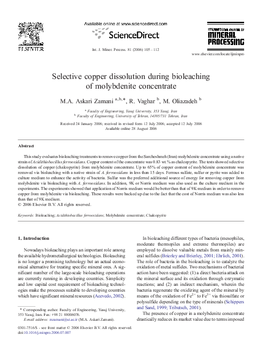 (PDF) Selective copper dissolution during bioleaching of molybdenite ...