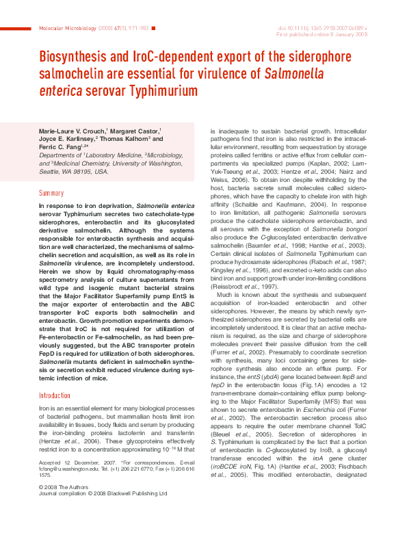 (PDF) Biosynthesis and IroC-dependent export of the siderophore ...