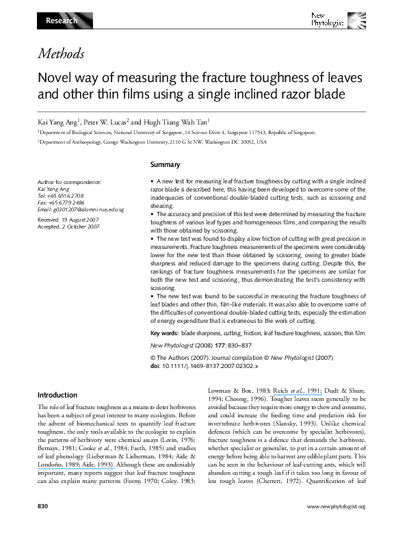 (PDF) Novel way of measuring the fracture toughness of leaves and other ...