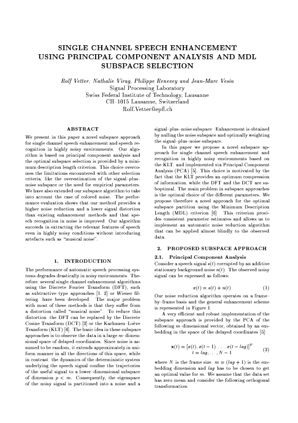 (PDF) Single channel speech enhancement using principal component analysis and MDL subspace ...