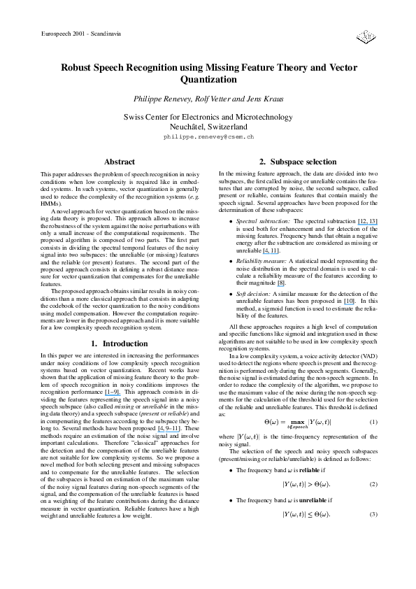 Pdf Robust Speech Recognition Using Missing Feature Theory And Vector Quantization Philippe