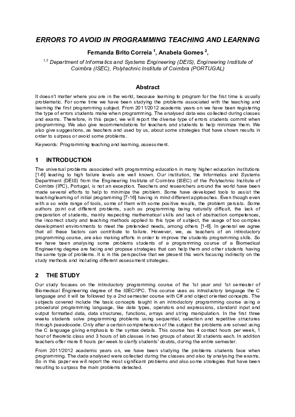 Pdf Errors To Avoid In Programming Teaching And Learning