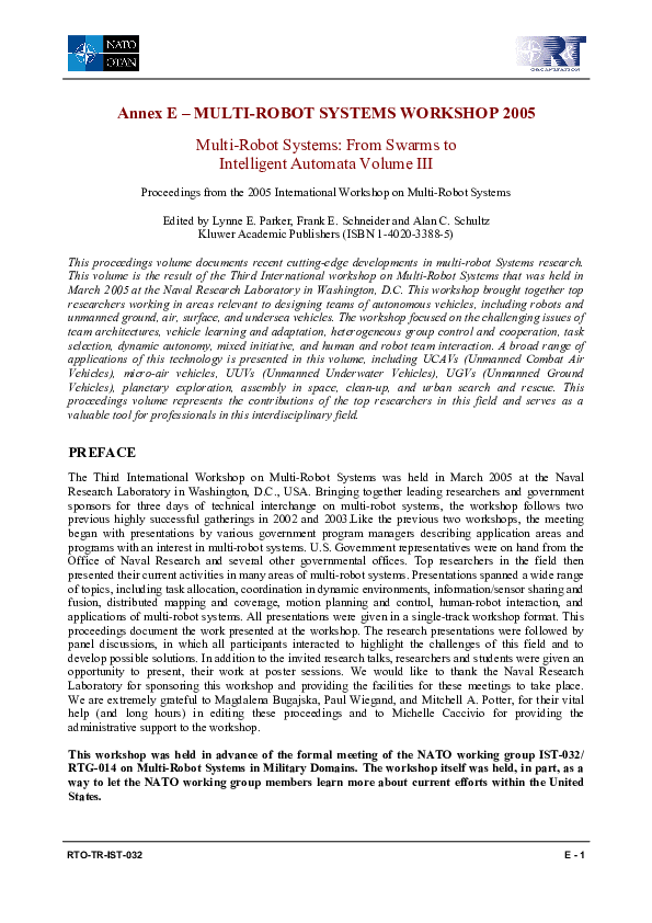 Pdf Annex E Multi Robot Systems Workshop 2005 Multi Robot Systems From Swarms To
