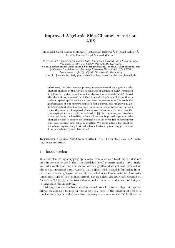 (PDF) Improved algebraic side-channel attack on AES