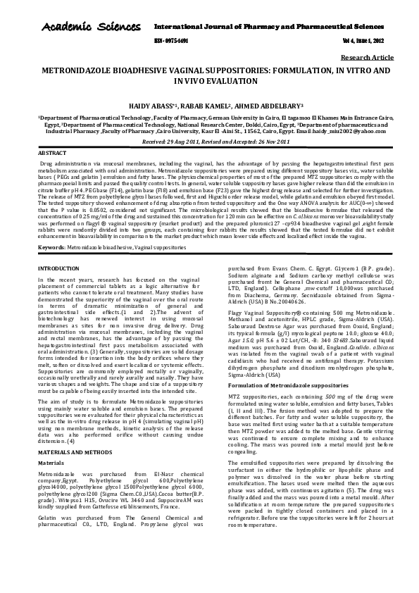 Pdf Metronidazole Bioadhesive Vaginal Suppositories Formulation In Vitro And In Vivo Evaluation