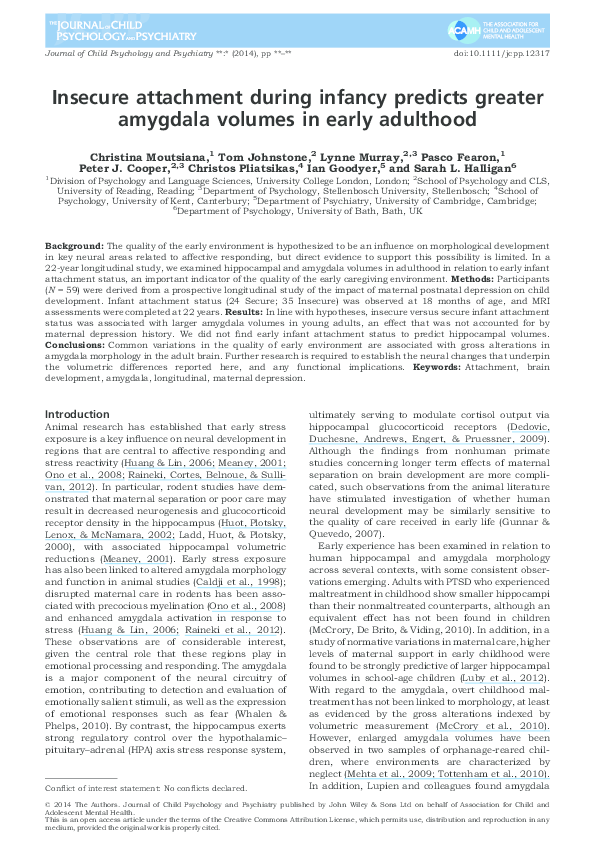 (PDF) Insecure attachment during infancy predicts greater amygdala ...