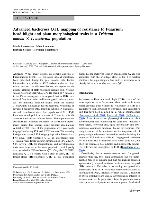 (PDF) Advanced backcross QTL mapping of resistance to Fusarium head ...
