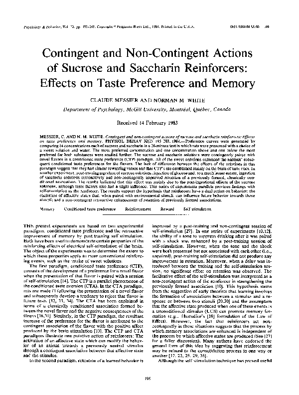 (PDF) Contingent and non-contingent actions of sucrose and saccharin ...