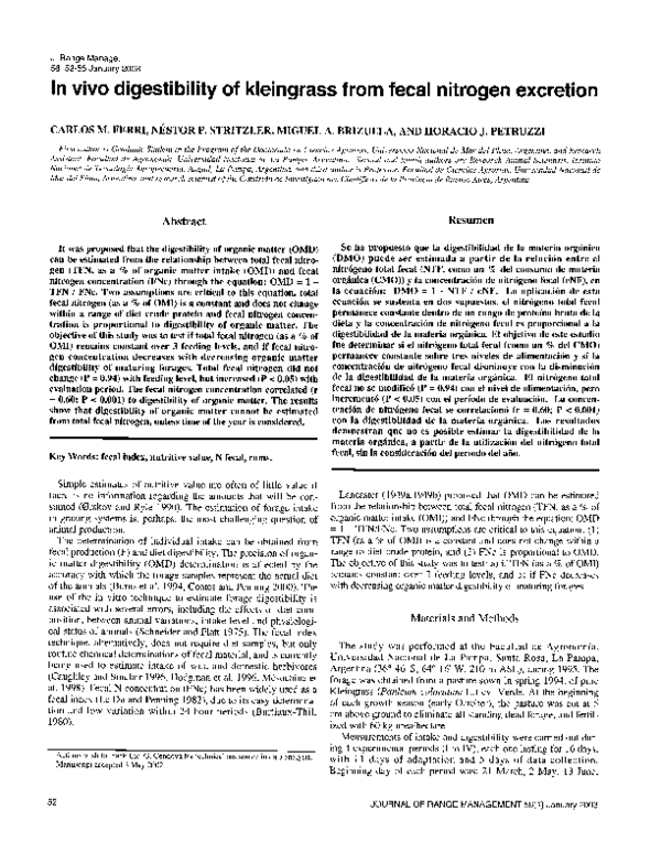 (PDF) In vivo Digestibility of Kleingrass from Fecal Nitrogen Excretion