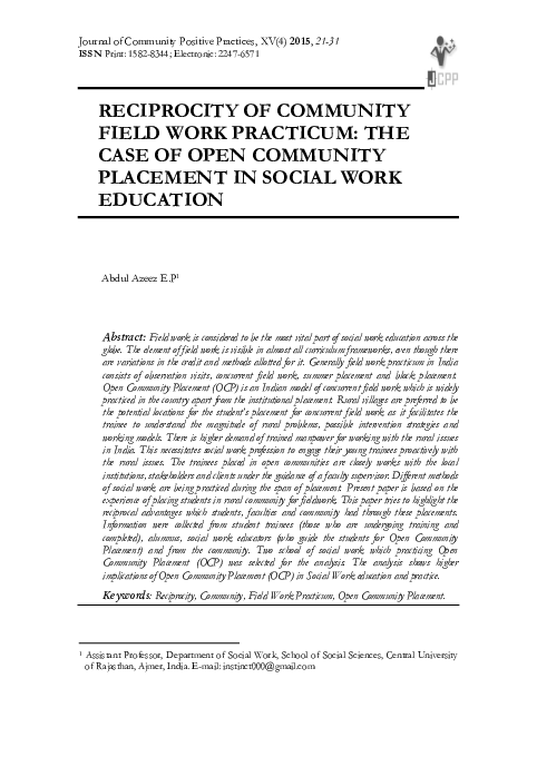 (PDF) RECIPROCITY OF COMMUNITY FIELD WORK PRACTICUM: THE CASE OF OPEN ...