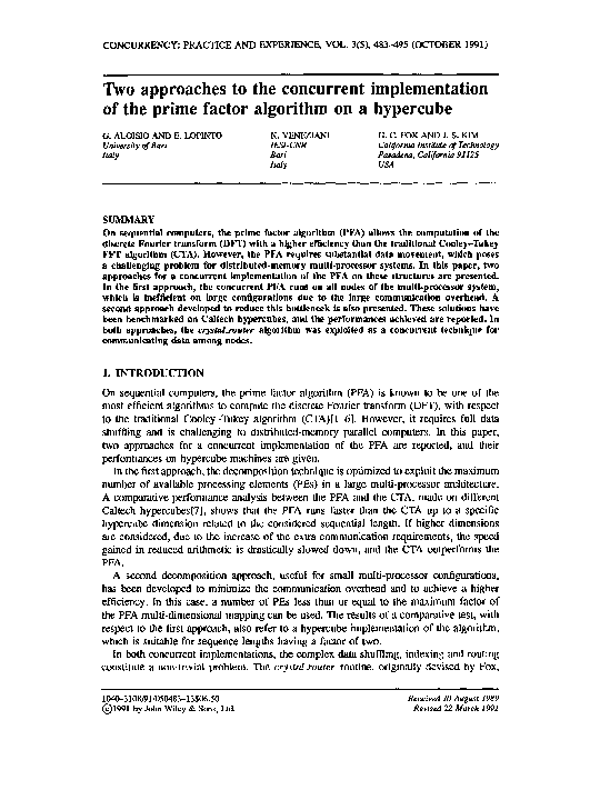 (PDF) Two approaches to the concurrent implementation of the prime factor algorithm on a hypercube