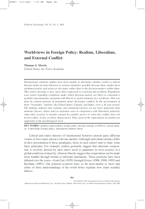 (PDF) Worldviews in Foreign Policy: Realism, Liberalism, and External ...