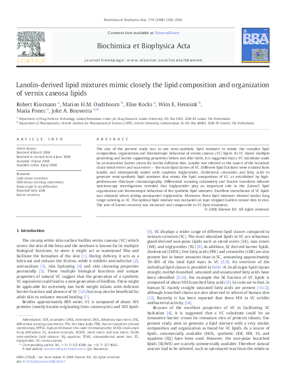 (PDF) Lanolin-derived lipid mixtures mimic closely the lipid ...