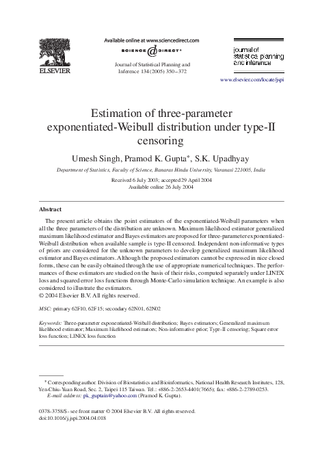 Pdf Estimation Of Three Parameter Exponentiated Weibull Distribution Under Type Ii Censoring