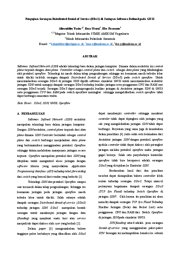 Pengujian Serangan Distributed Denial Of Service Ddos Di Jaringan Software Defined Pada Gns3