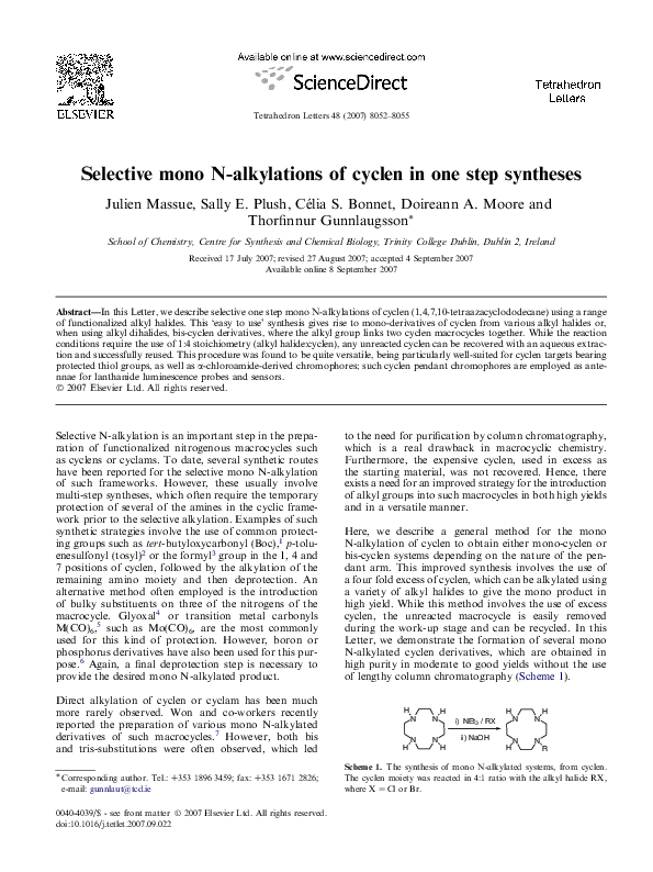 (PDF) Selective mono N-alkylations of cyclen in one step syntheses