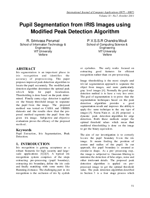(PDF) Pupil Segmentation from IRIS Images Using Modified Peak Detection Algorithm