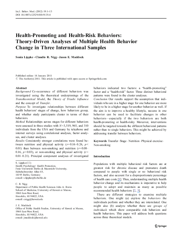 (PDF) Health-Promoting and Health-Risk Behaviors: Theory-Driven ...