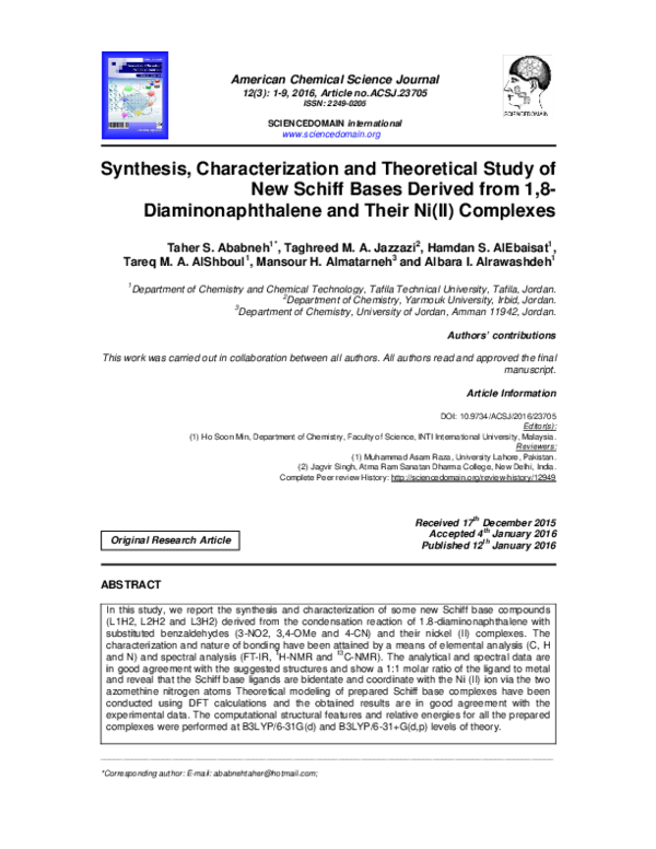 (PDF) Synthesis, Characterization and Theoretical Study of New Schiff Bases Derived from 1,8 ...