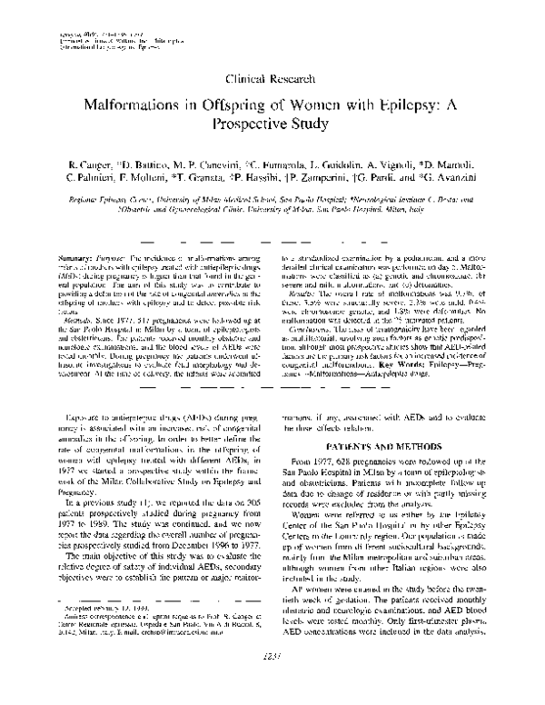 Pdf Malformations In Offspring Of Women With Epilepsy A Prospective