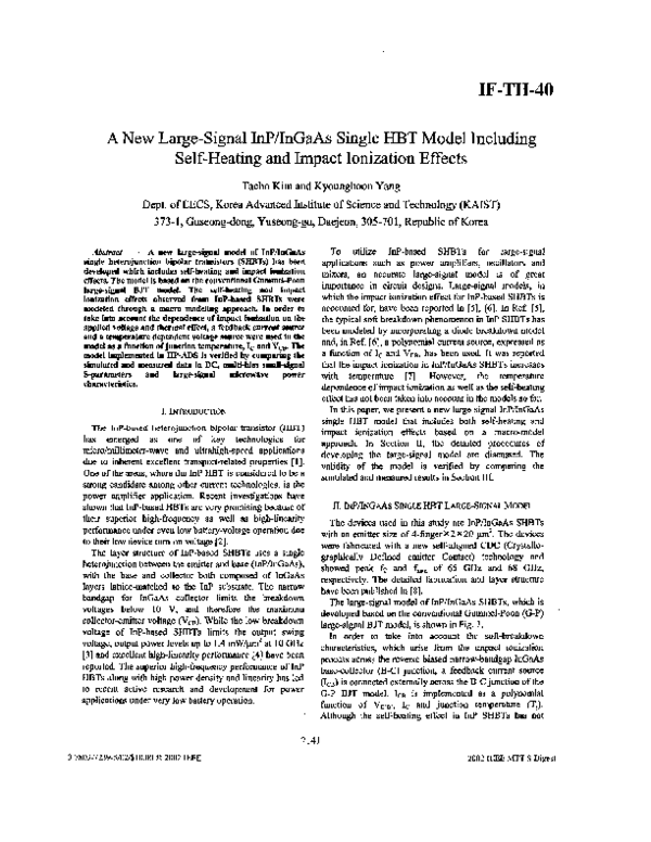 Pdf A New Large Signal Inp Ingaas Single Hbt Model Including Self Heating And Impact