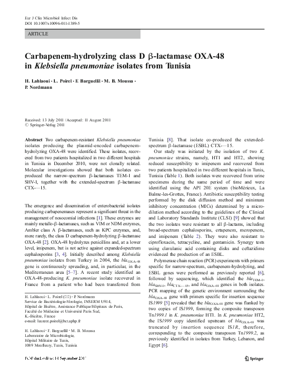 (PDF) Carbapenem-hydrolyzing class D β-lactamase OXA-48 in Klebsiella ...