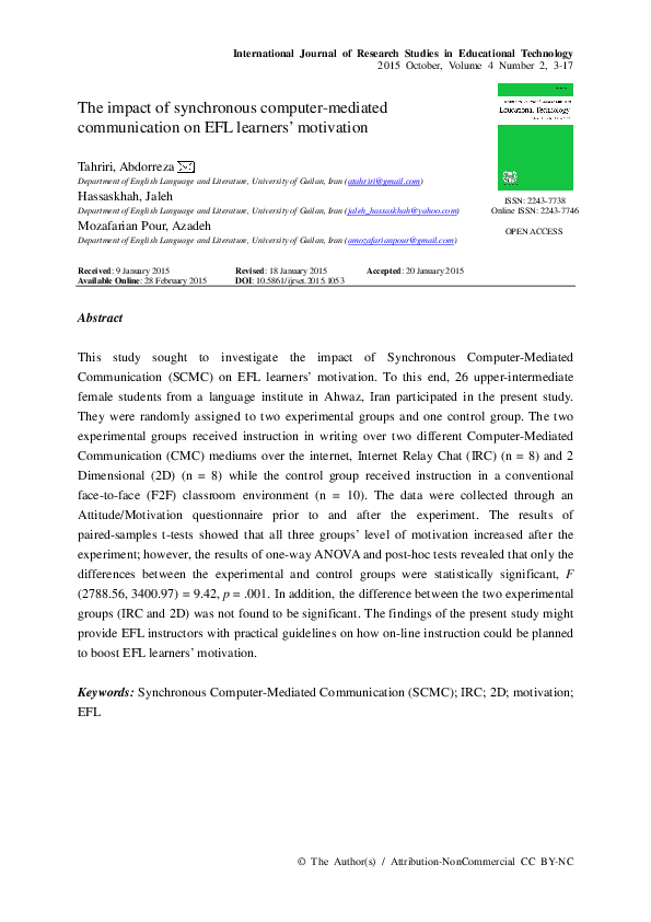 (PDF) The impact of synchronous computer-mediated communication on EFL learners' motivation The ...