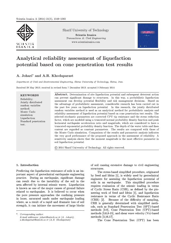 (PDF) Analytical reliability assessment of liquefaction potential based ...