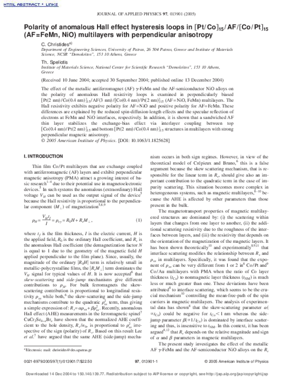 (PDF) Polarity of anomalous Hall effect hysteresis loops in [Pt∕Co][sub ...