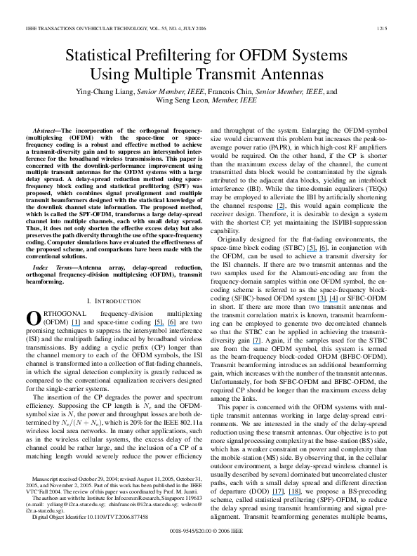 Pdf Statistical Prefiltering For Ofdm Systems Using Multiple Transmit Antennas