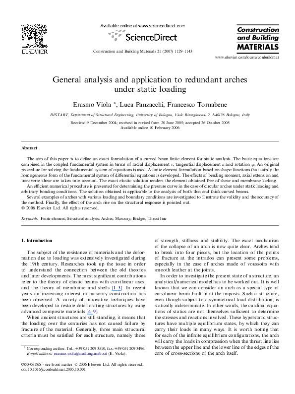 (PDF) General analysis and application to redundant arches under static ...