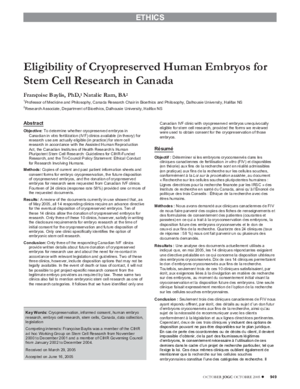 (PDF) Eligibility of Cryopreserved Human Embryos for Stem Cell Research ...