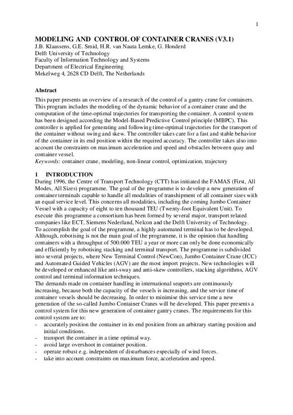 (PDF) Modeling and Control of Container Cranes (V3.1)